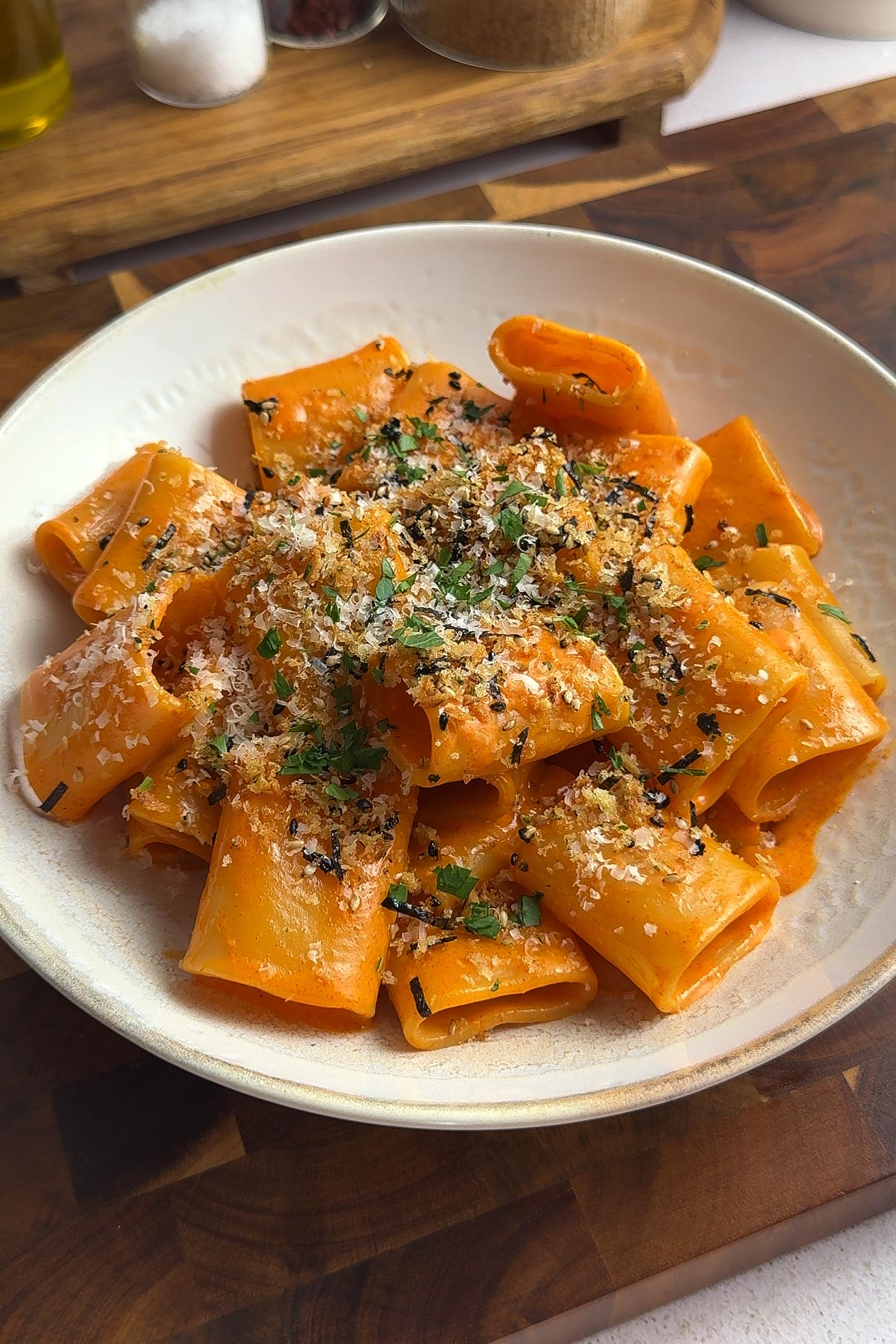 Gochujang Pasta with Furikake Breadcrumbs - EricTriesIt